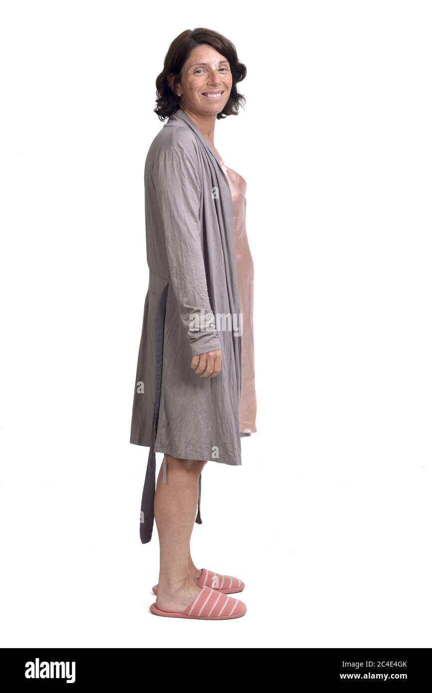 side view of dressing gown on white background, side view looking at ...