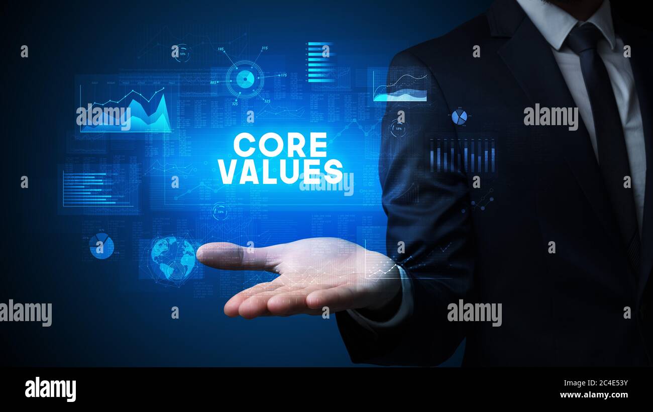 Hand of Businessman holding CORE VALUES inscription, business success ...