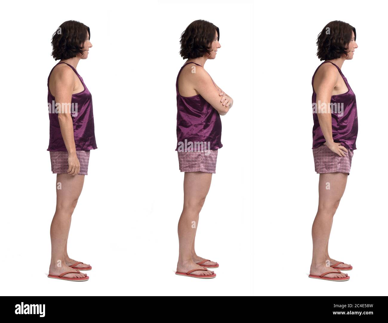 side view of a same woman summer short pajamas on white background ...