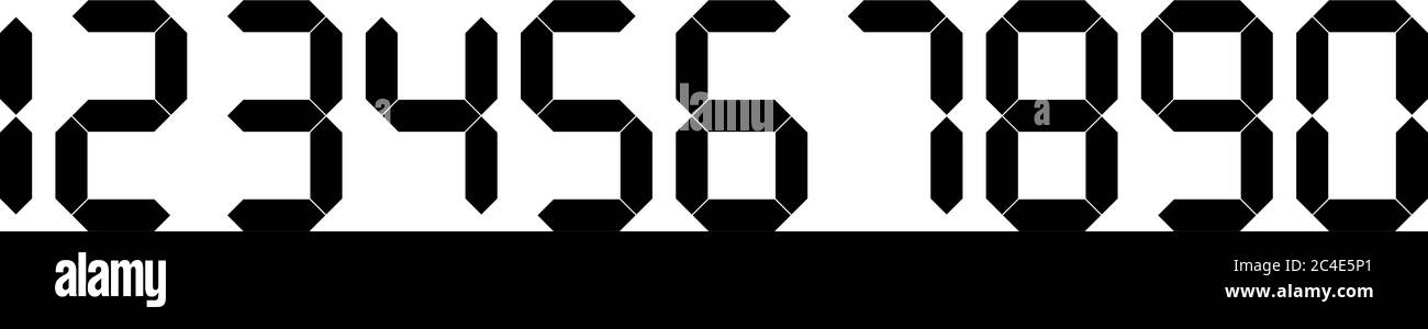 Black digital numbers. Seven-segment display is used in calculators, digital clocks or ...