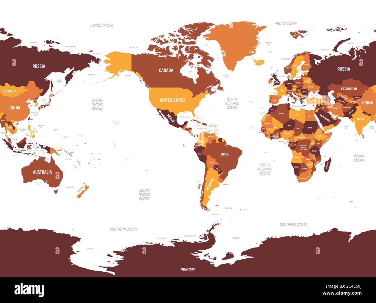 World map - America centered. Brown orange hue colored on dark ...