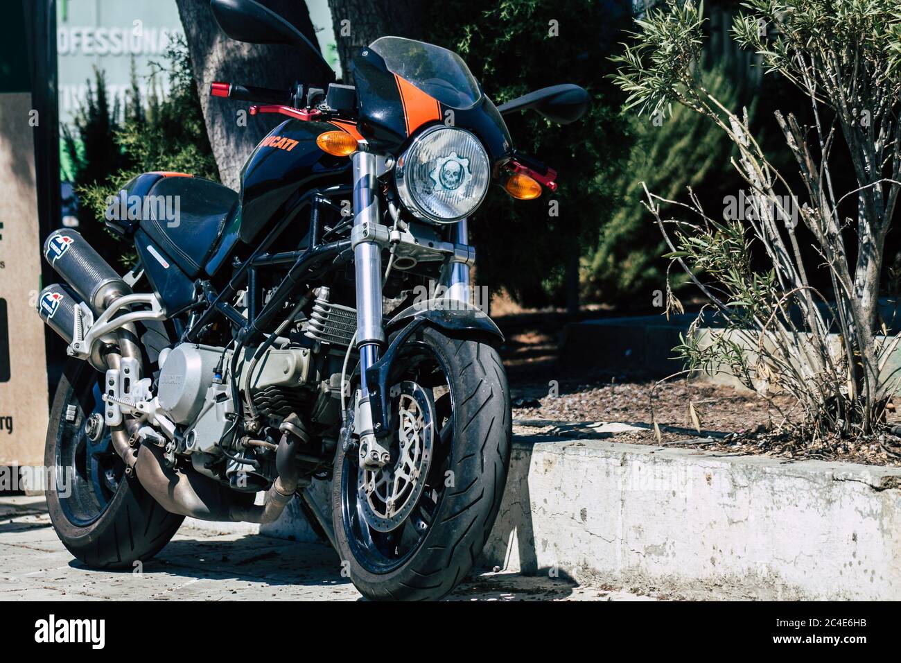 Limassol Cyprus June 26, 2020 Closeup of a Ducati motorcycle parked in ...