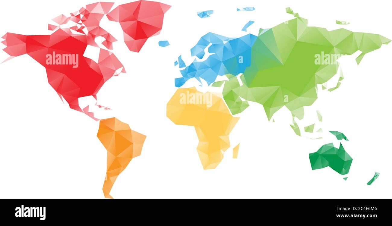 Low poly map of World divided into six continents by color. Polygonal ...