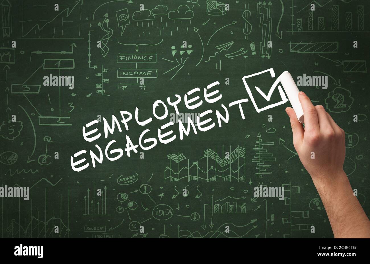 Hand drawing EMPLOYEE ENGAGEMENT inscription with white chalk on ...