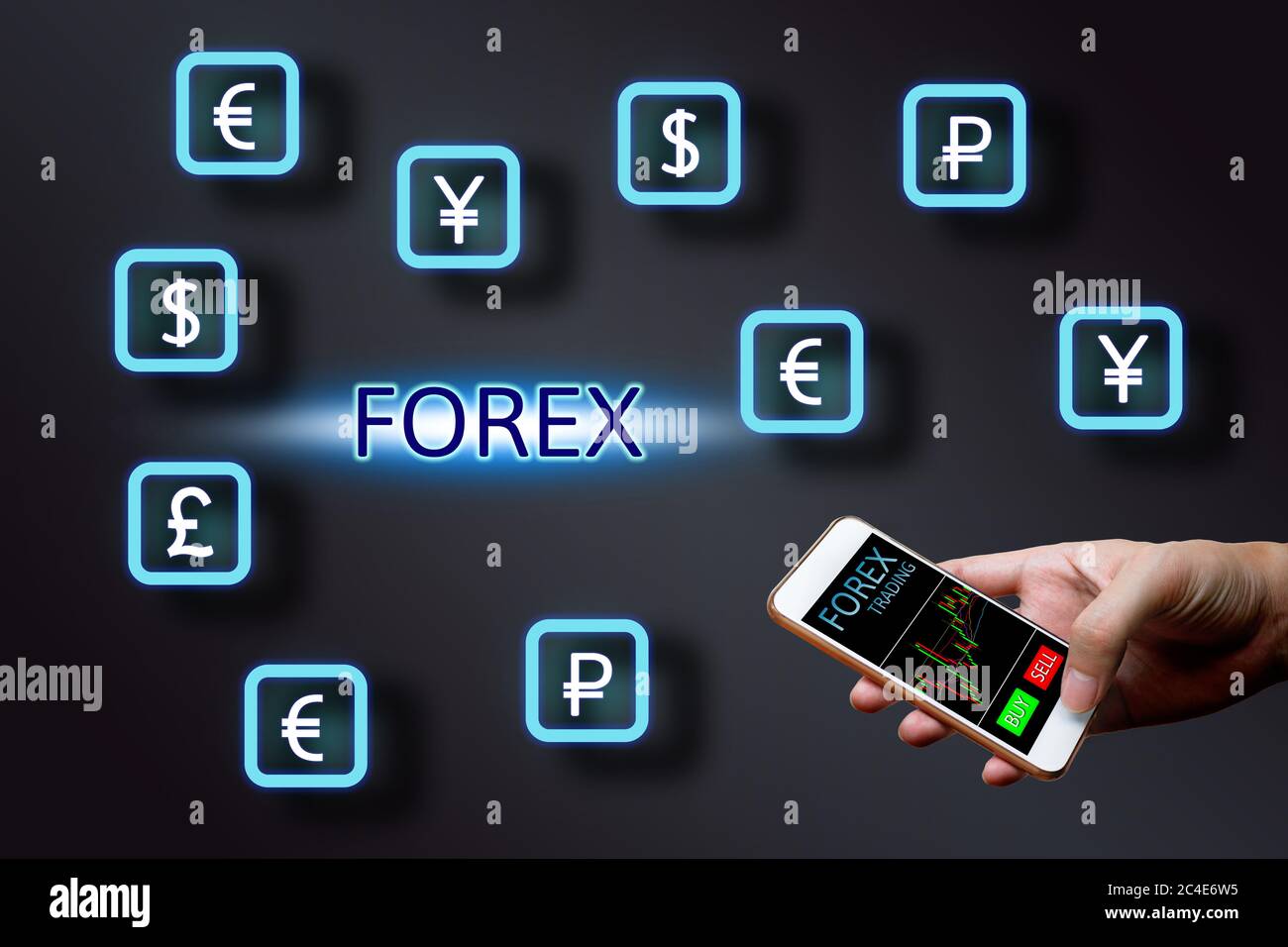 Forex concept, Businessman holding smart phone and currency icon ...