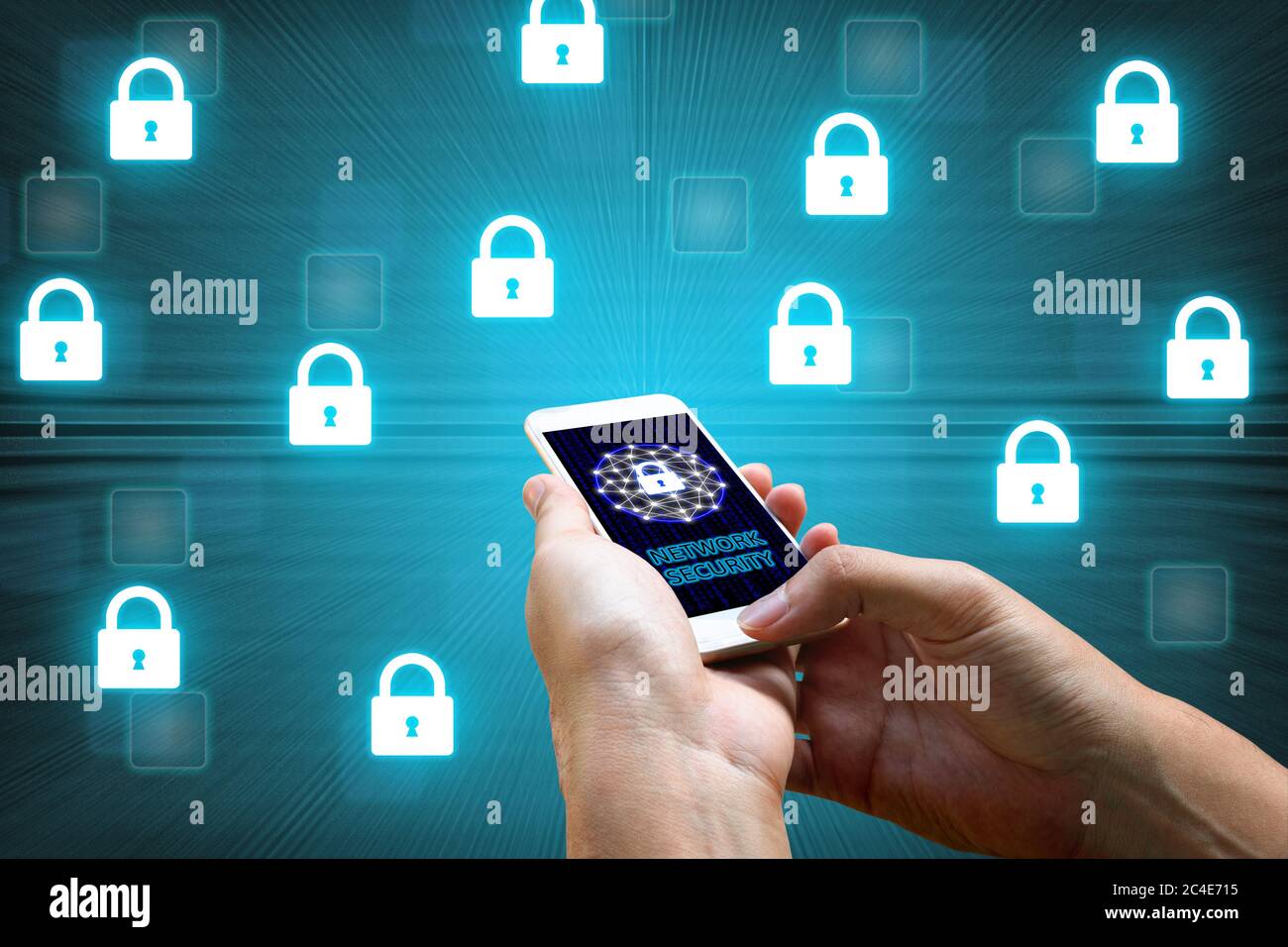 Cyber security network concept, man holding smartphone with icons lock ...