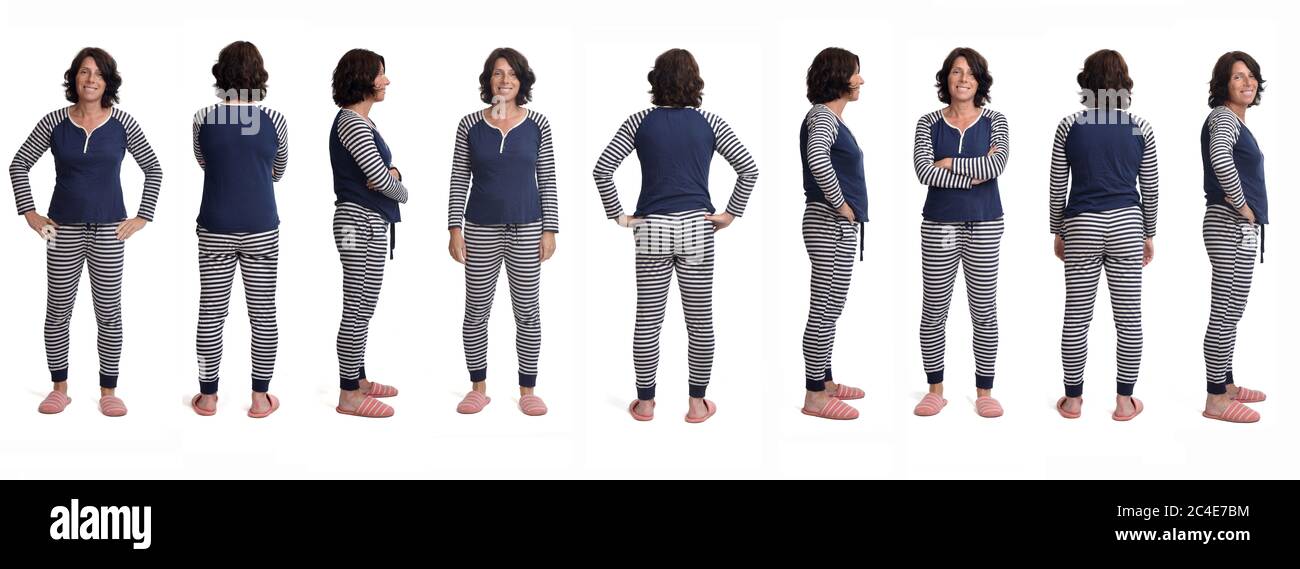 large group of same woman front, side, back view in pajamas on white ...
