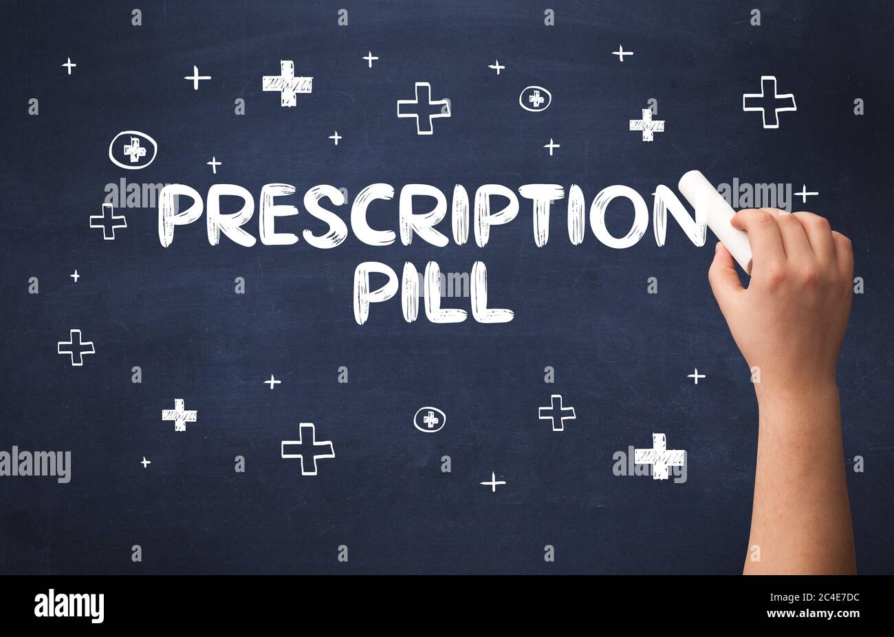 Hand drawing PRESCRIPTION PILL inscription with white chalk on ...