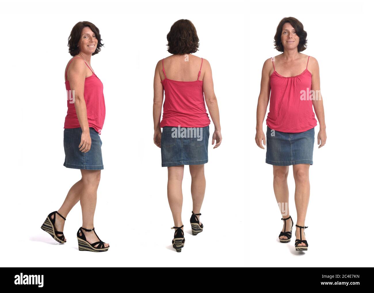 same woman wolking on white background, front, side and rear view Stock ...