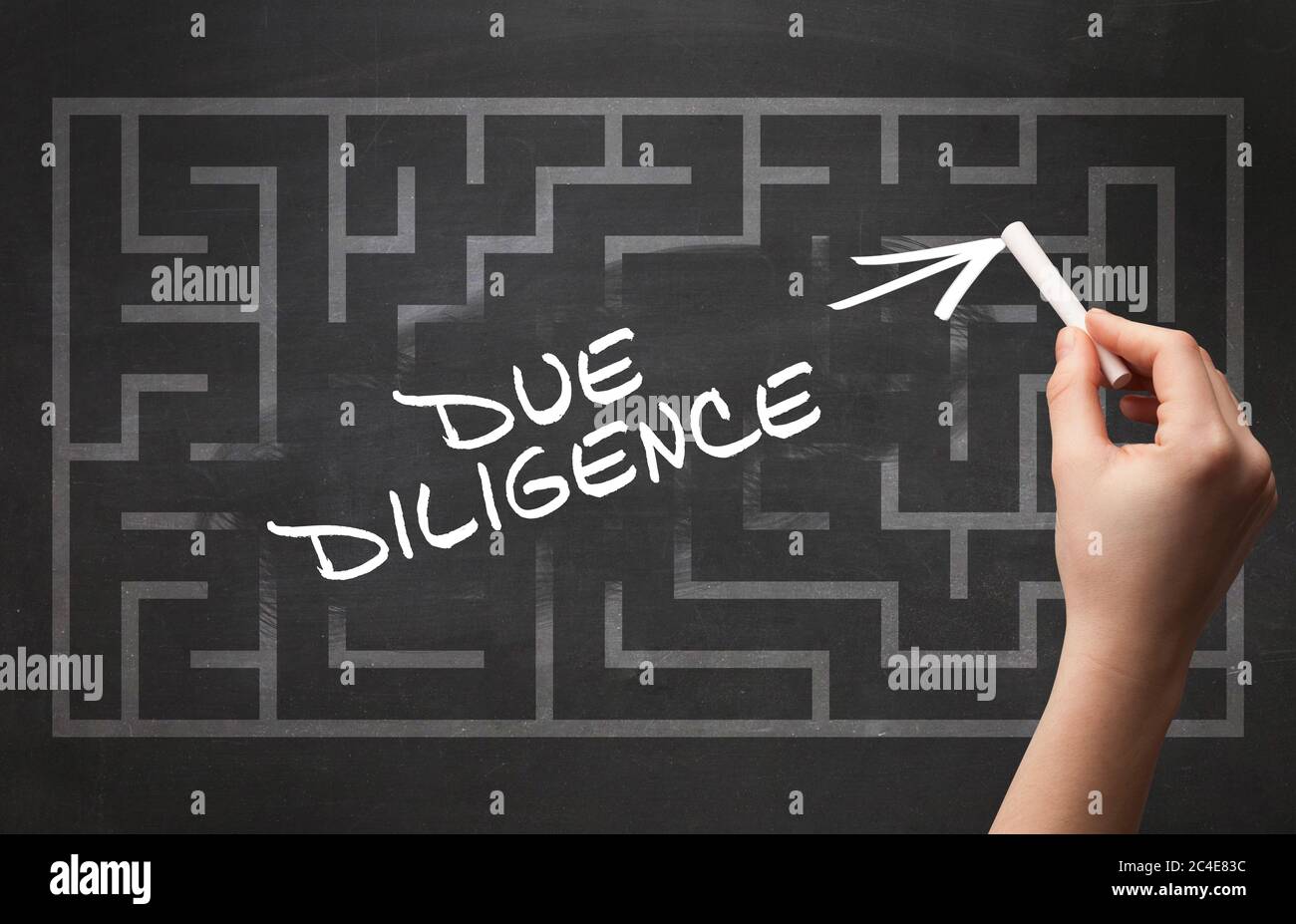 Hand drawing DUE DILIGENCE inscription with white chalk on blackboard ...