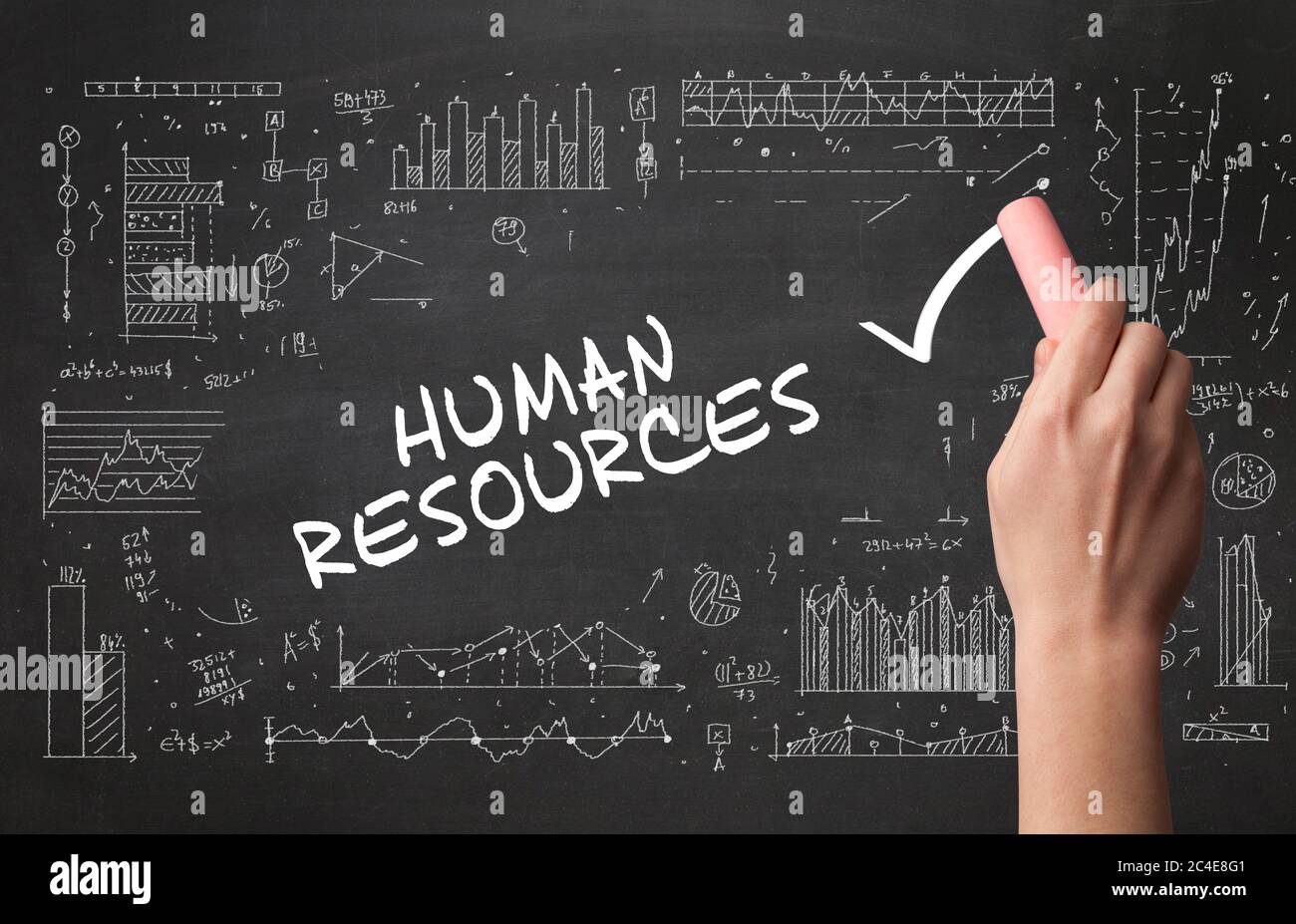 Hand drawing HUMAN RESOURCES inscription with white chalk on blackboard ...