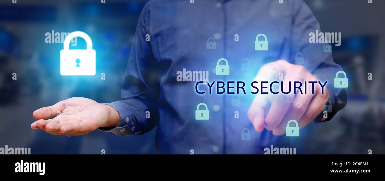 Business man poiting and pressing on button cyber security button on ...