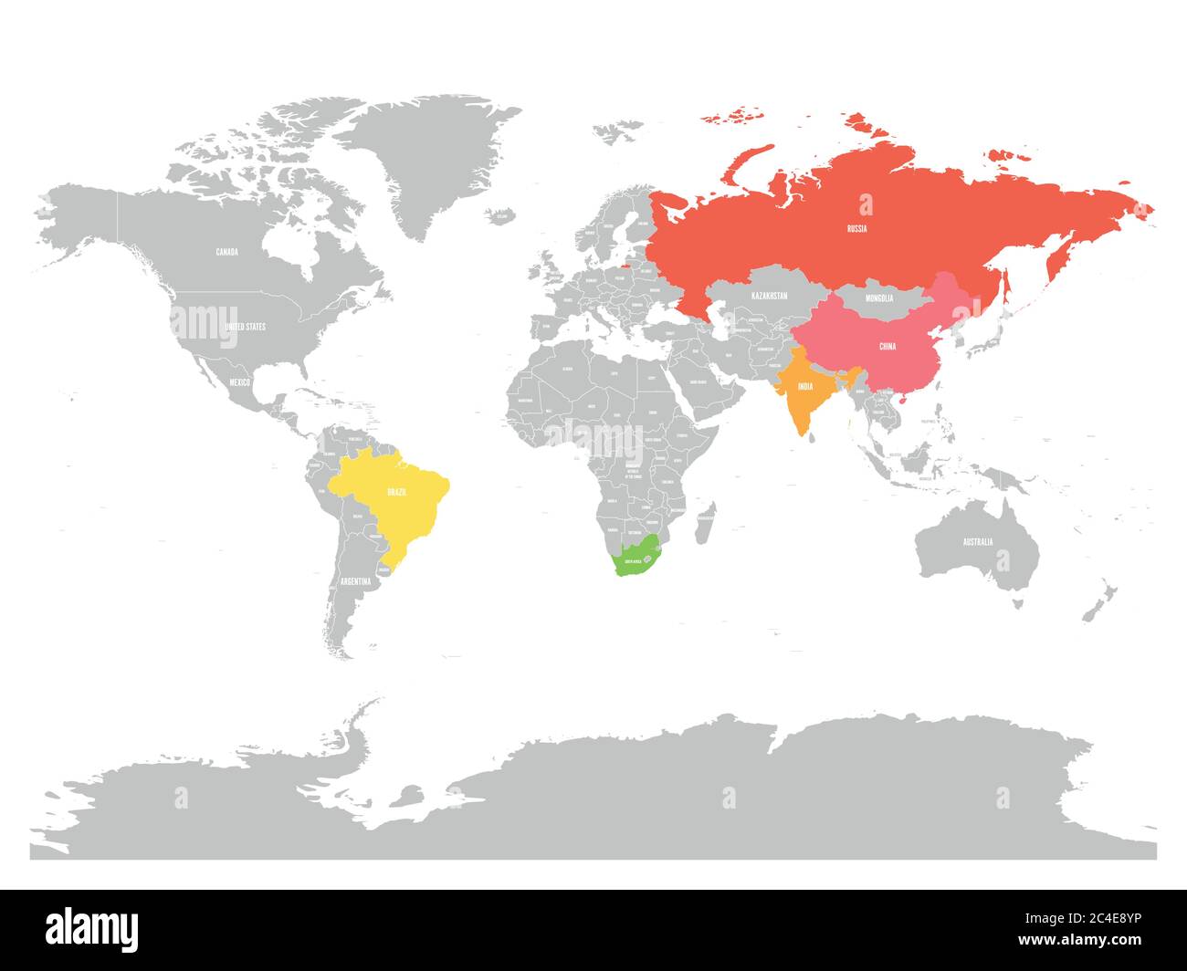 World map with highlighted member countries of BRICS - association of ...