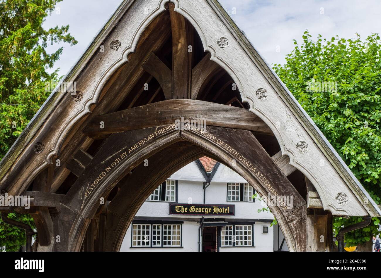 Oak lychgate at the entrance to Dorchester Abbey, frontage of the ...