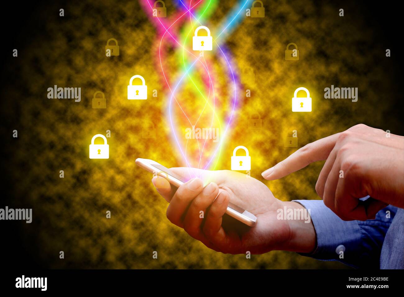 Cyber security concept. Businessman using smartphone and fiber optic ...