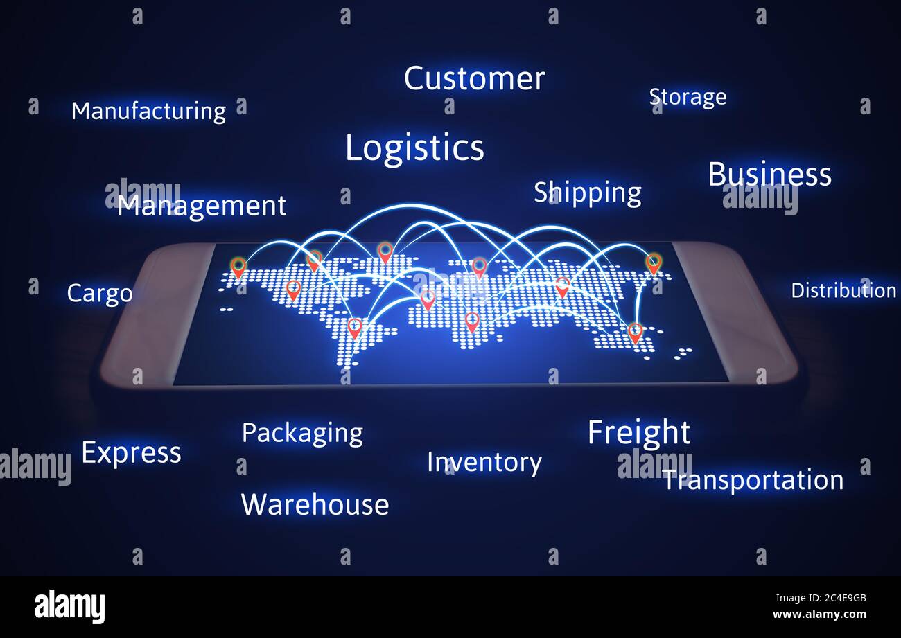 Logistics concept, world map with connecting transport and virtual ...