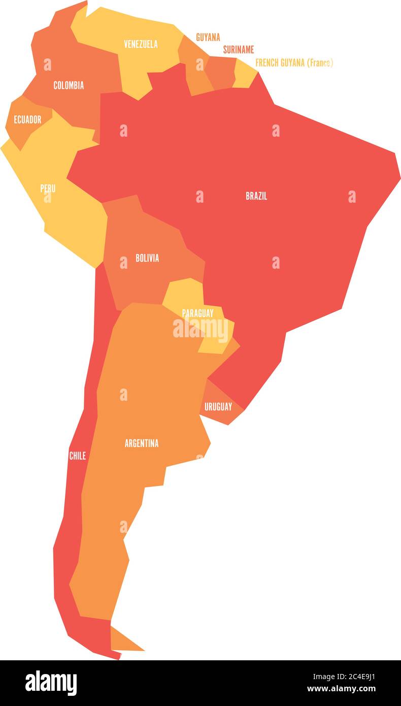 Very simplified infographical political map of South America in orange ...