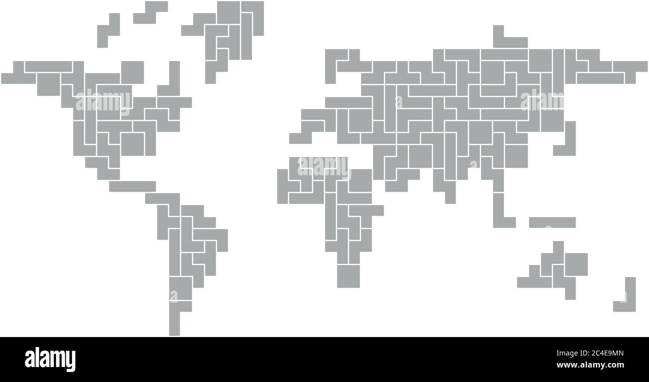 World map mosaic of grey tetris blocks. Flat vector illustration Stock ...