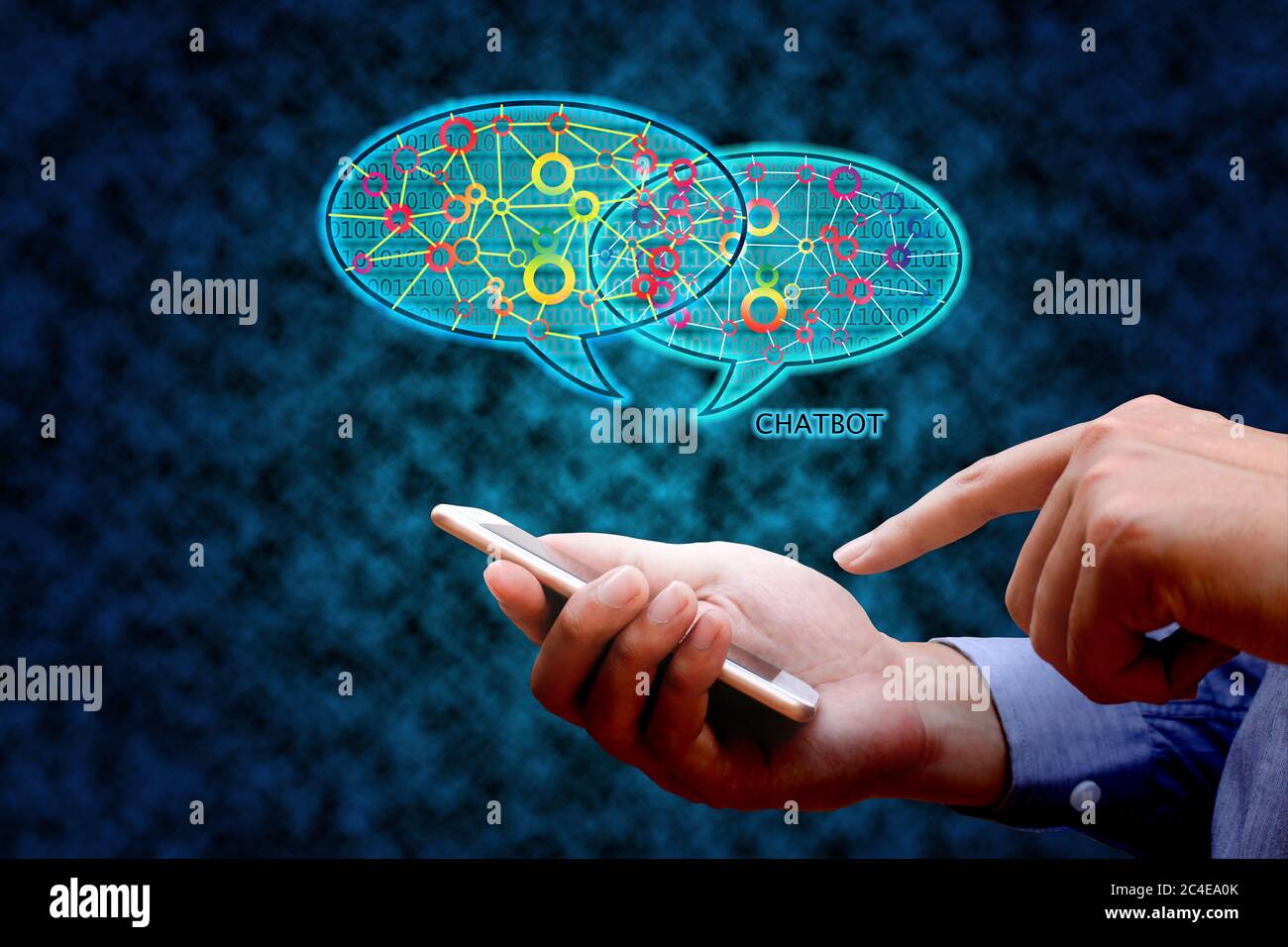 Chatbot concept. Man holding smartphone and using chatting Stock Photo ...