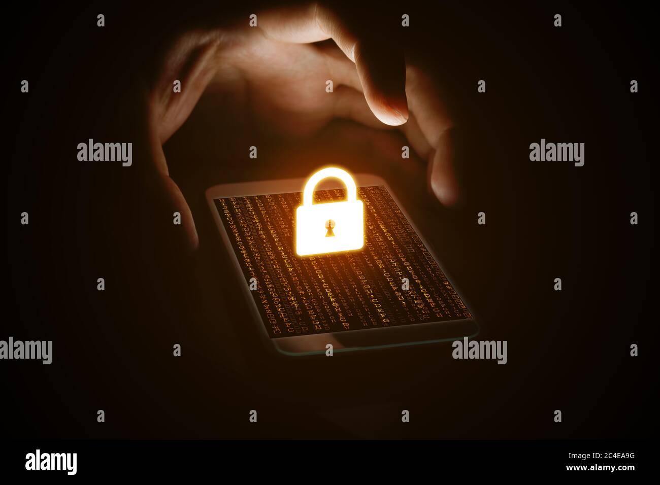 Cyber security concept, man hand protection network with lock icon and ...