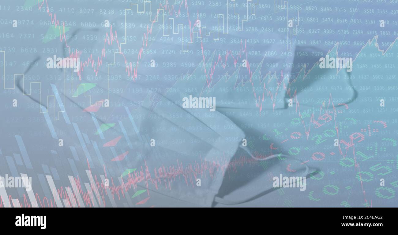 Digital illustration of face mask over data processing and statistics ...