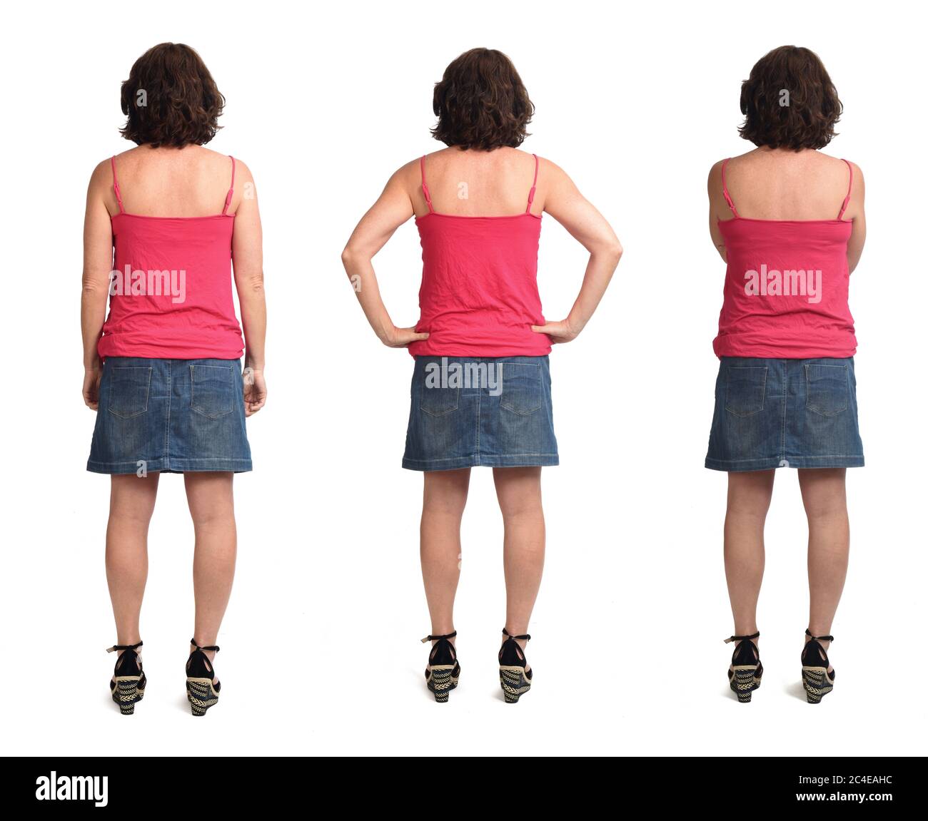 group of same woman rear view in a denim skirt on white background ...