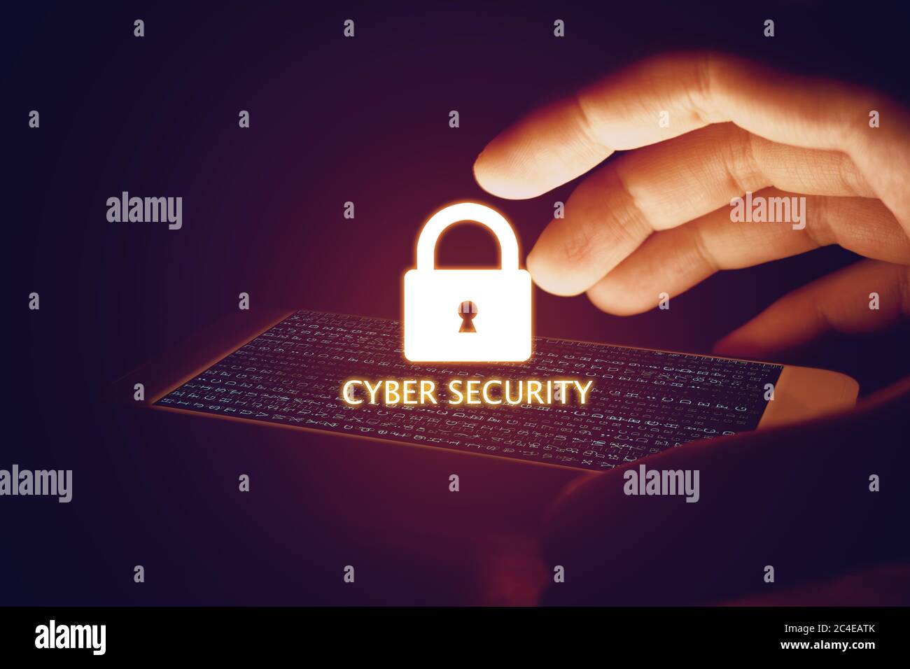 Cyber security concept, hand man protection smartphone with lock icon ...