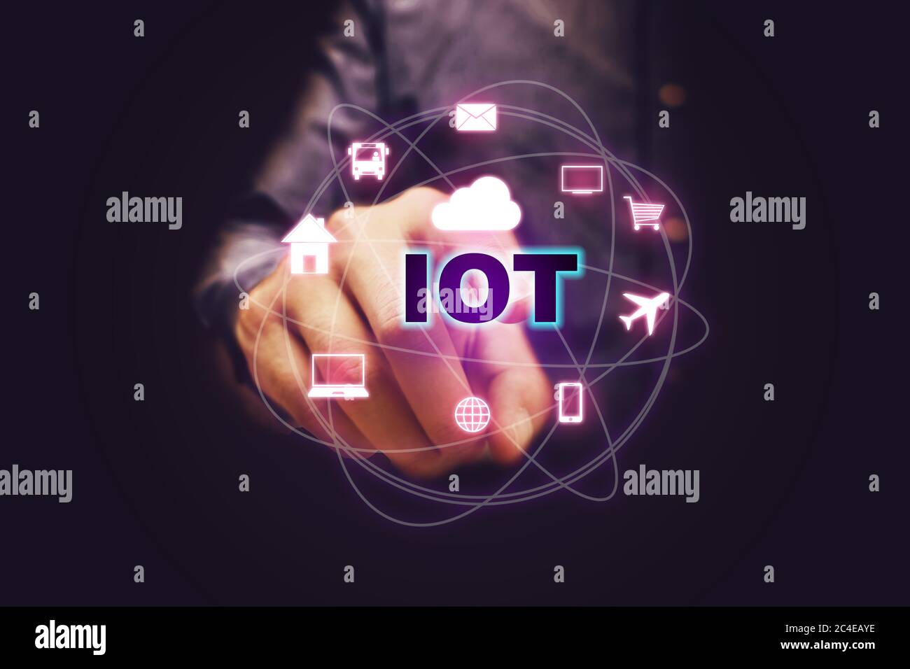 Businessman pointing iot text with internet of things concept Stock ...