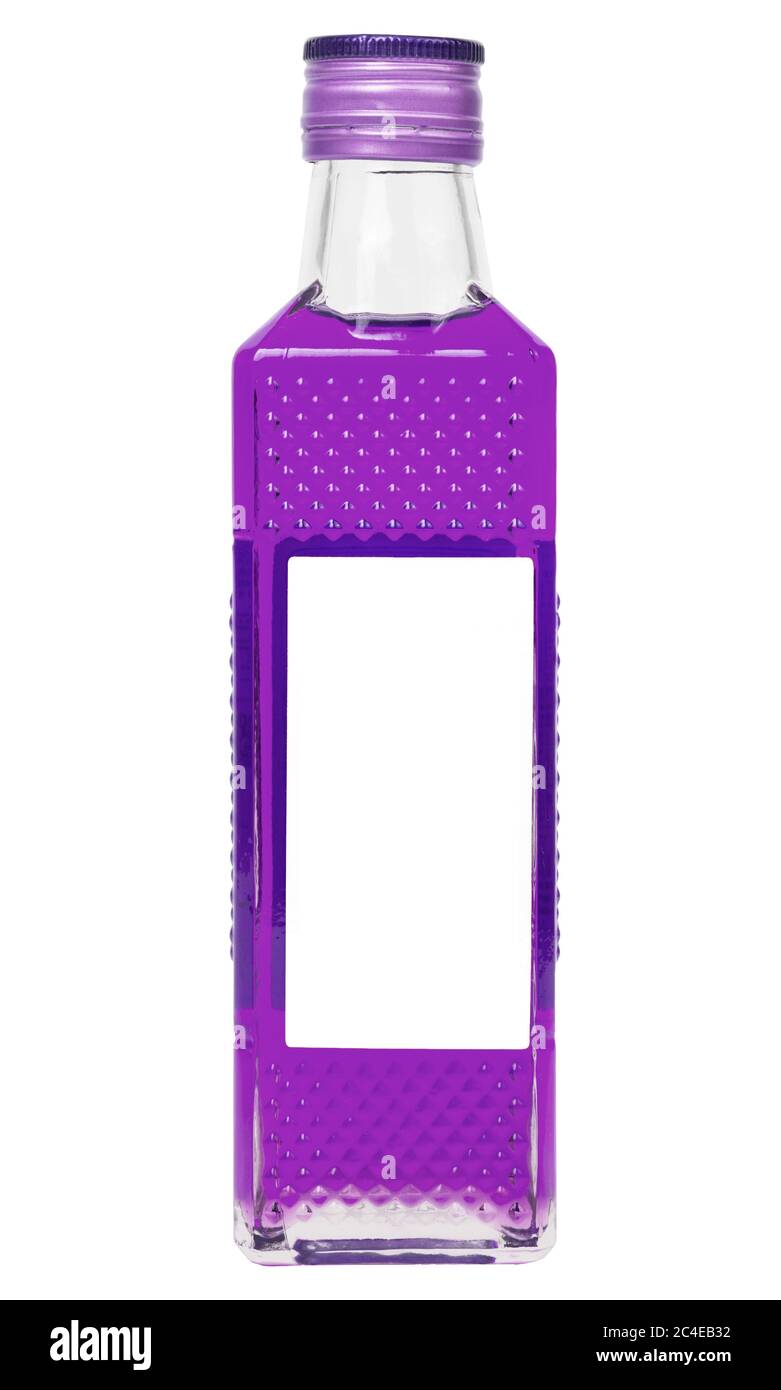 small rectangular glass bottle with violet liquid isolated on white ...