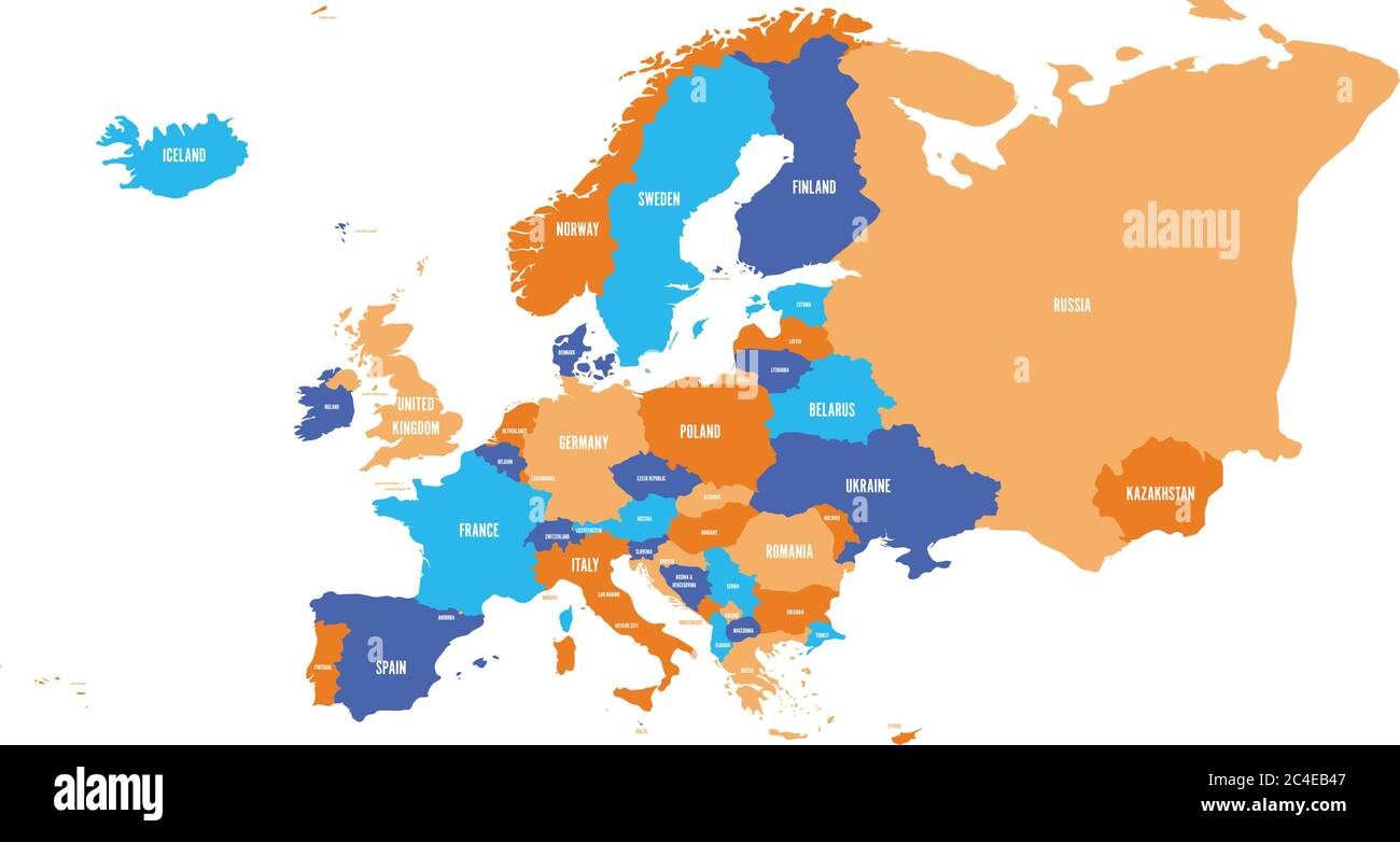Political map of Europe continent in four colors with white country ...