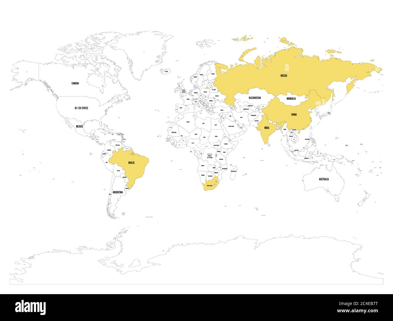 World map with highlighted member countries of BRICS - association of ...