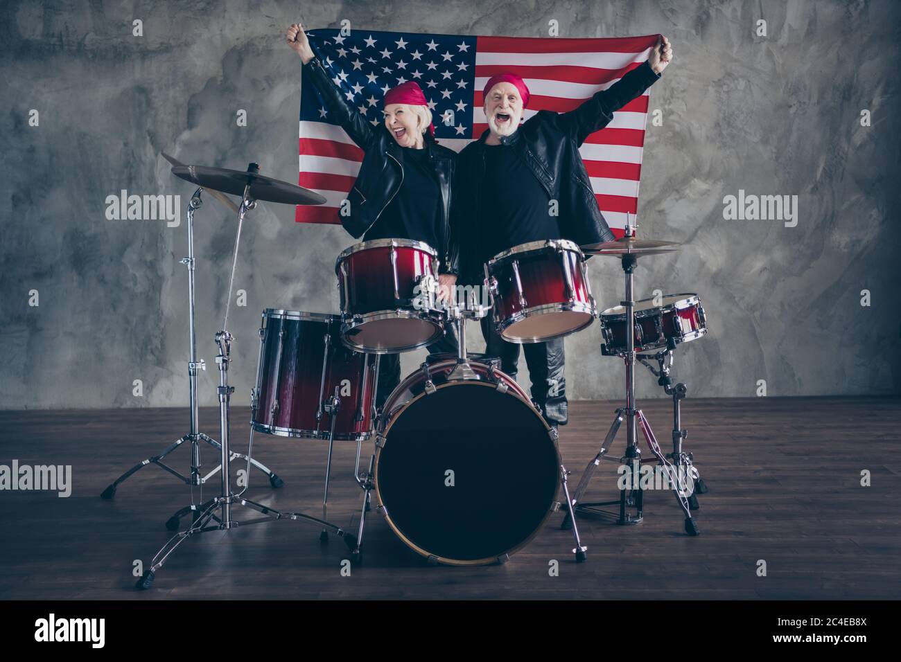 Photo of two retired people rock group photographing for american ...