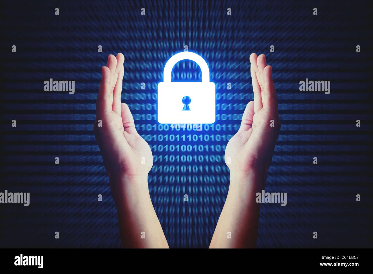 Cyber security concept, human hand protecting lock icon with binary ...