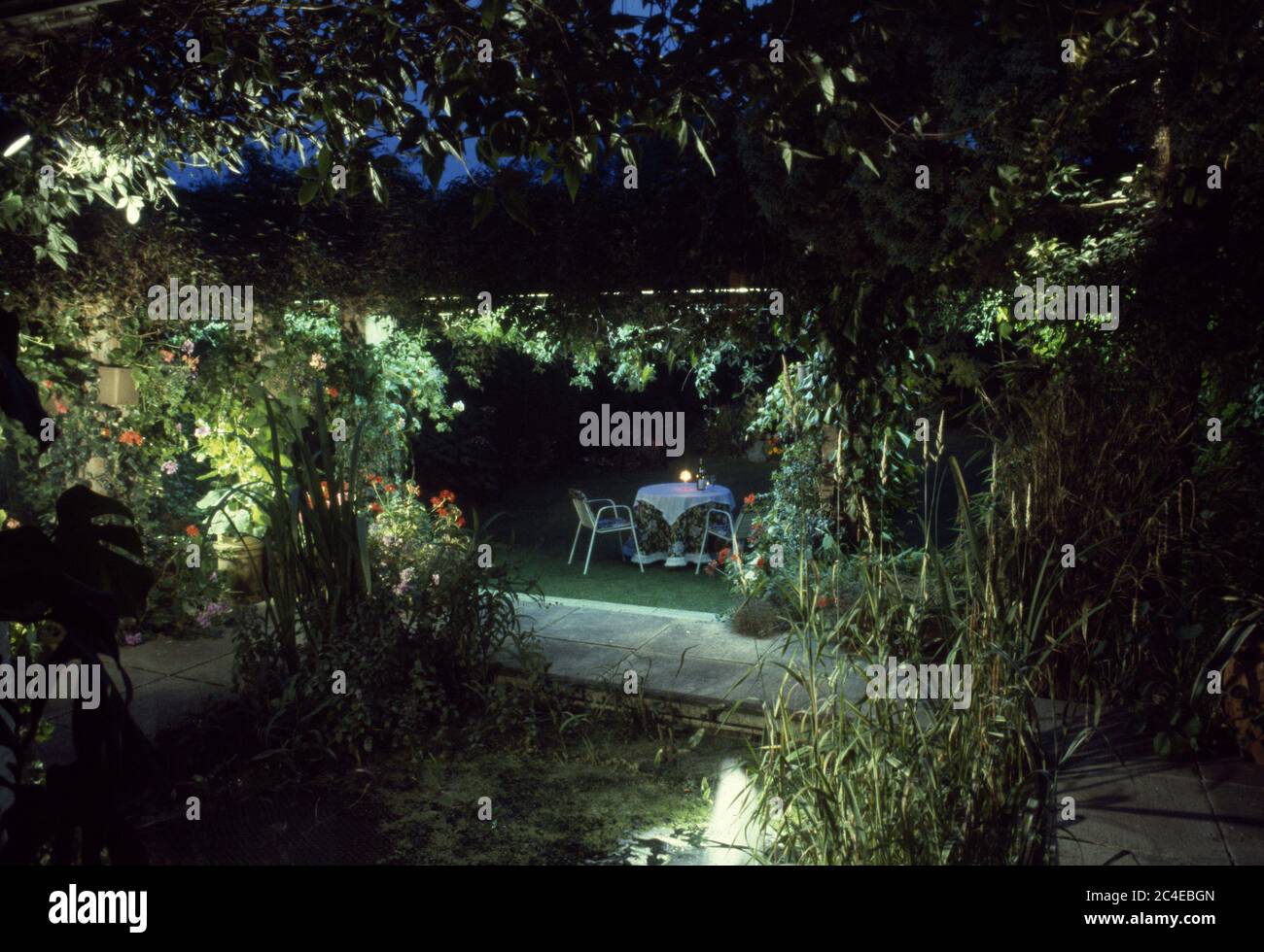 View through pergola of furniture on lawn in garden lit at night Stock ...
