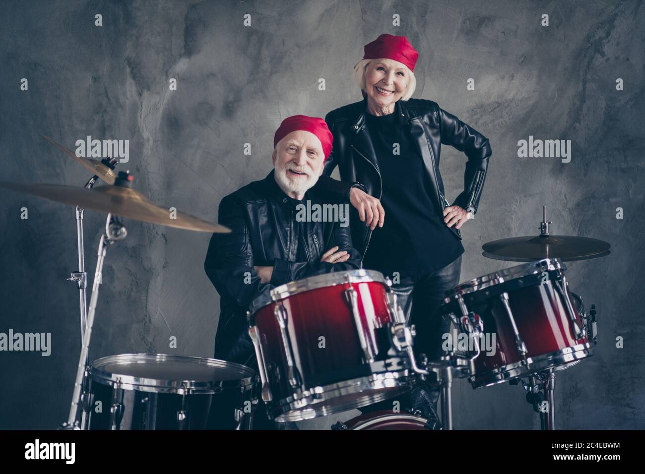 Photo of two pensioners family cool aged lady man rock group all life ...