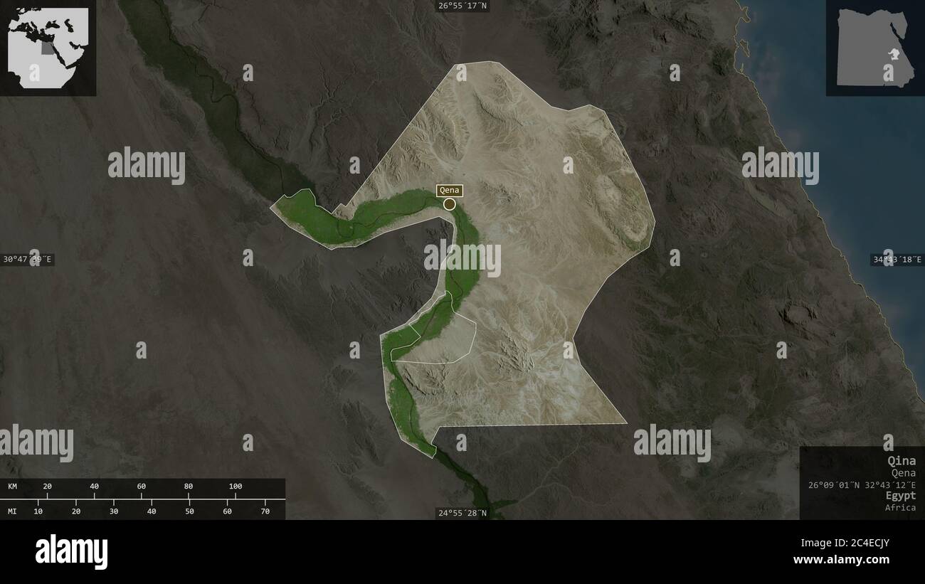 Qina, governorate of Egypt. Satellite imagery. Shape presented against ...