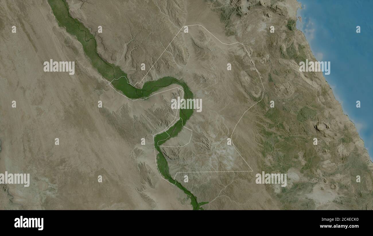 Qina, governorate of Egypt. Satellite imagery. Shape outlined against ...
