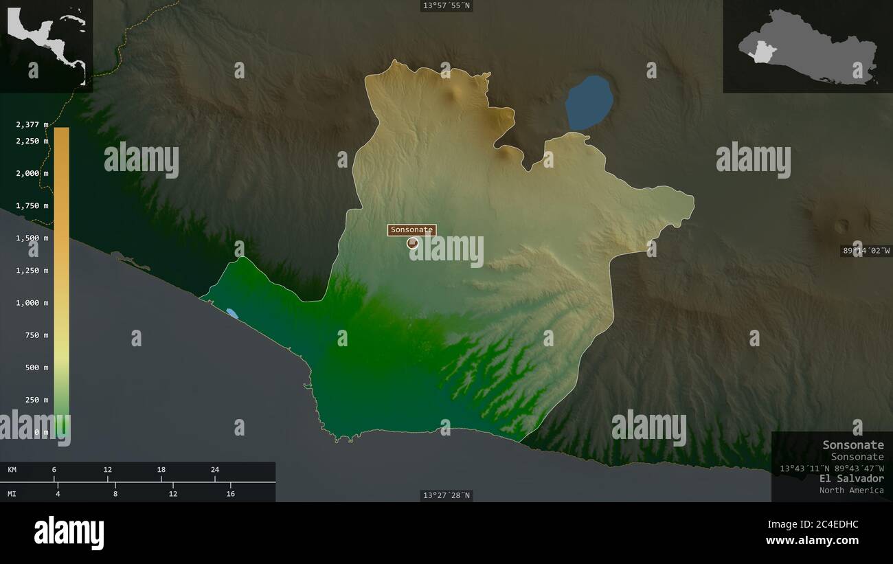 Sonsonate, department of El Salvador. Colored shader data with lakes ...