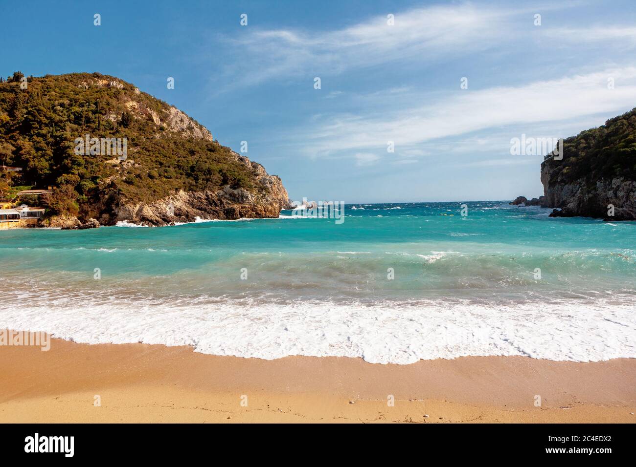 Beautiful sandy beach in a bay at Paleokastritsa in Corfu, Greece Stock ...