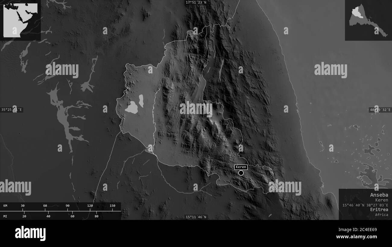 Anseba, region of Eritrea. Grayscaled map with lakes and rivers. Shape ...