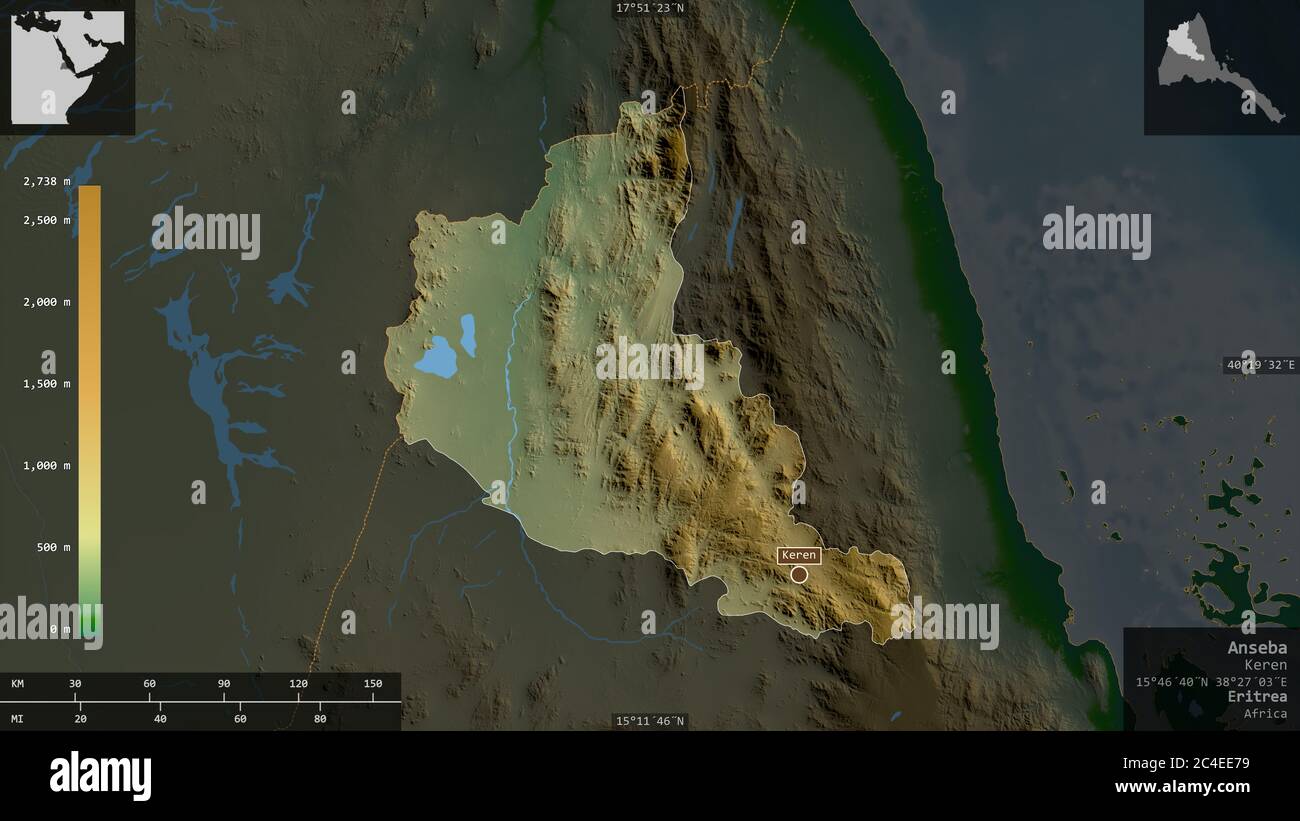 Anseba, region of Eritrea. Colored shader data with lakes and rivers ...