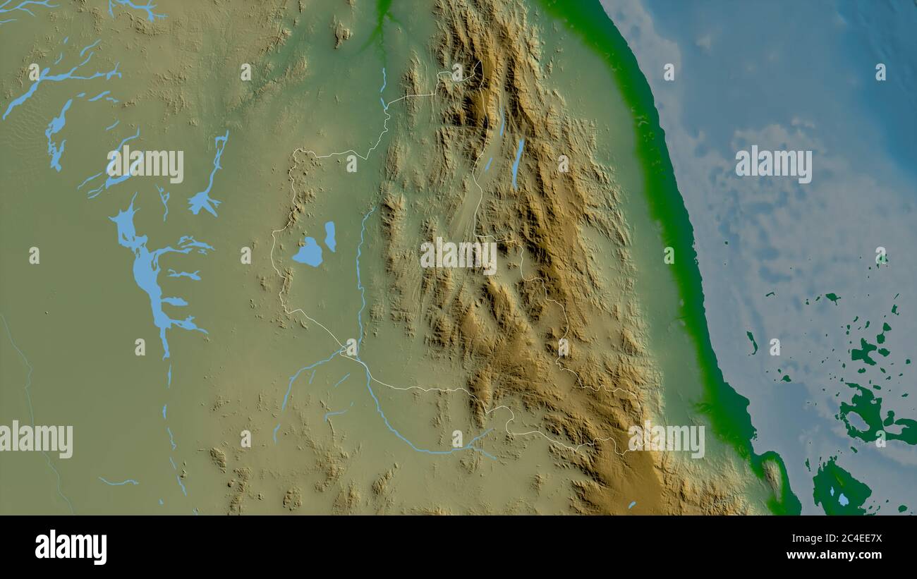 Anseba, region of Eritrea. Colored shader data with lakes and rivers ...