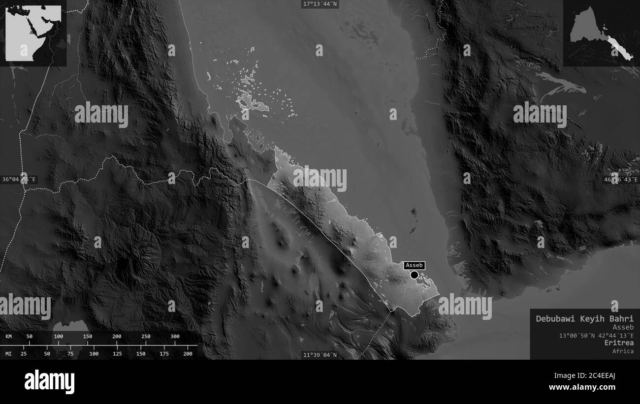 Debubawi Keyih Bahri, region of Eritrea. Grayscaled map with lakes and ...