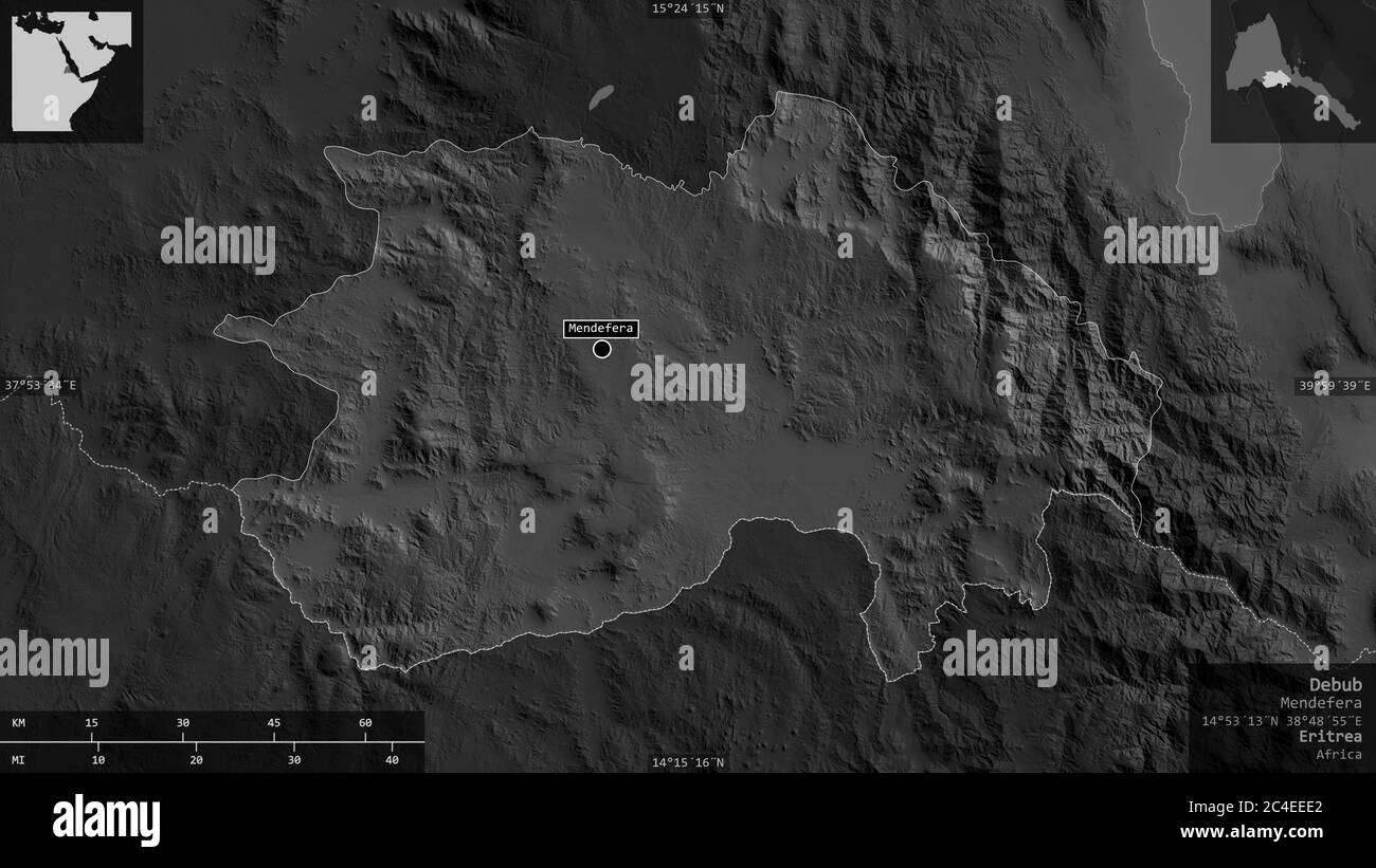 Debub, region of Eritrea. Grayscaled map with lakes and rivers. Shape ...
