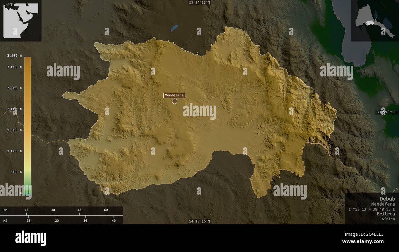 Debub, region of Eritrea. Colored shader data with lakes and rivers ...