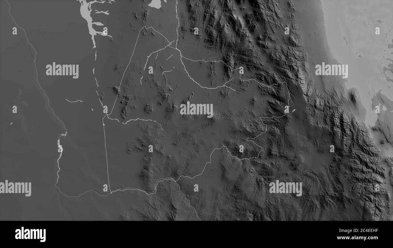 Gash Barka, region of Eritrea. Grayscaled map with lakes and rivers ...
