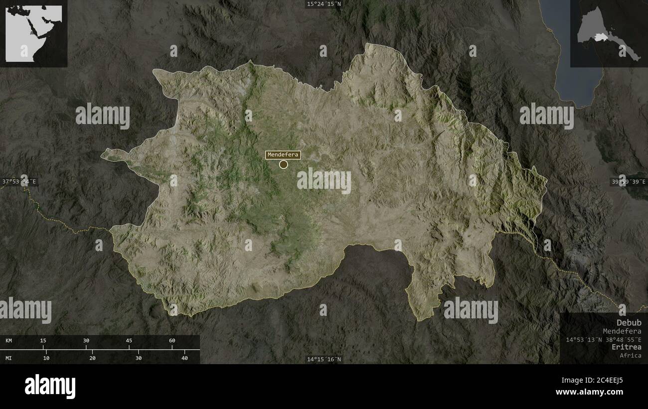 Debub, region of Eritrea. Satellite imagery. Shape presented against ...