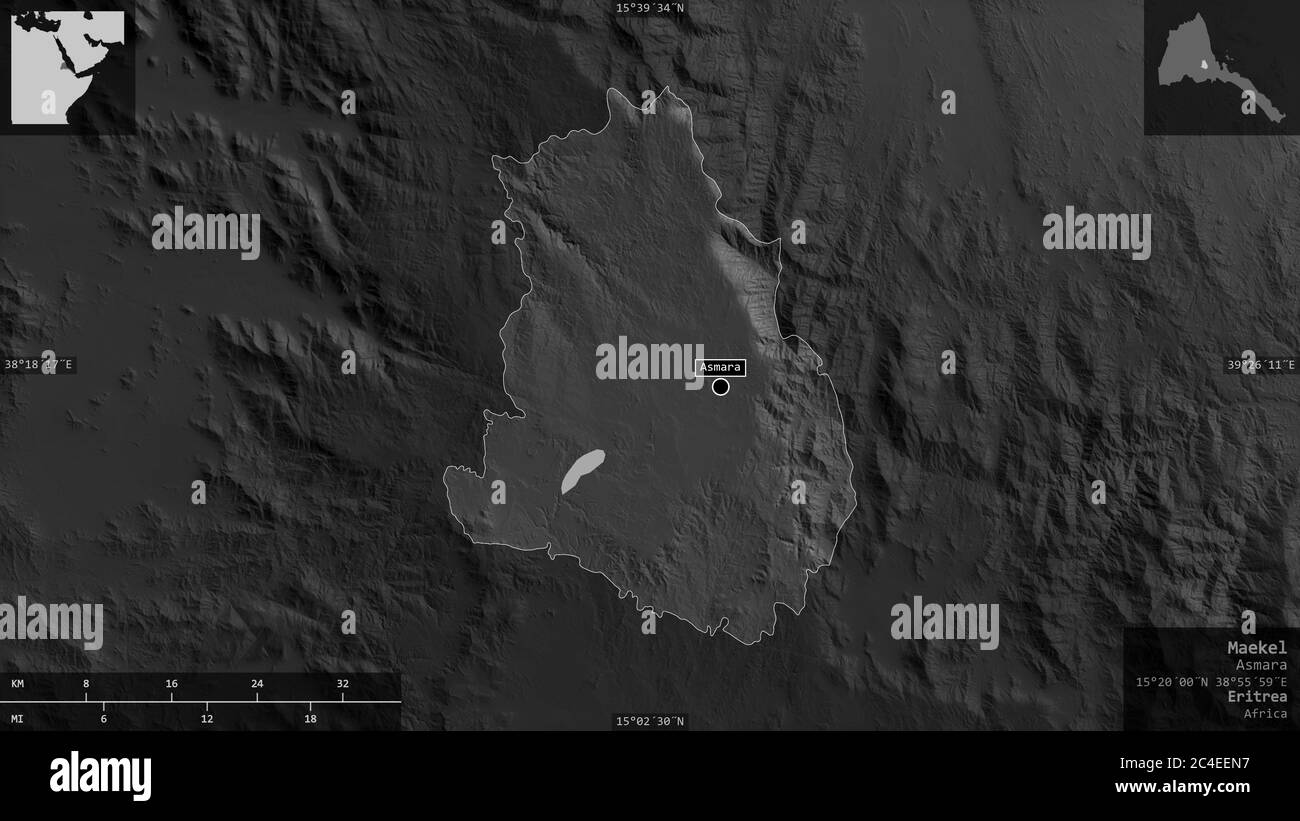 Maekel, region of Eritrea. Grayscaled map with lakes and rivers. Shape ...