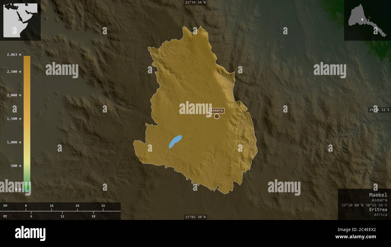 Maekel, region of Eritrea. Colored shader data with lakes and rivers ...