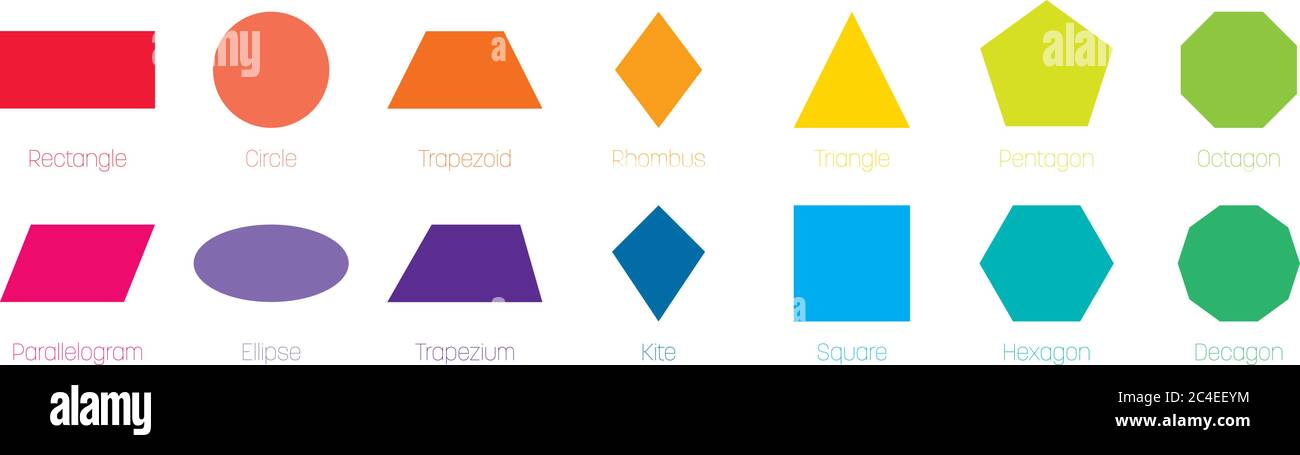 Geometric shapes with labels. Set of 14 basic shapes. Simple flat ...